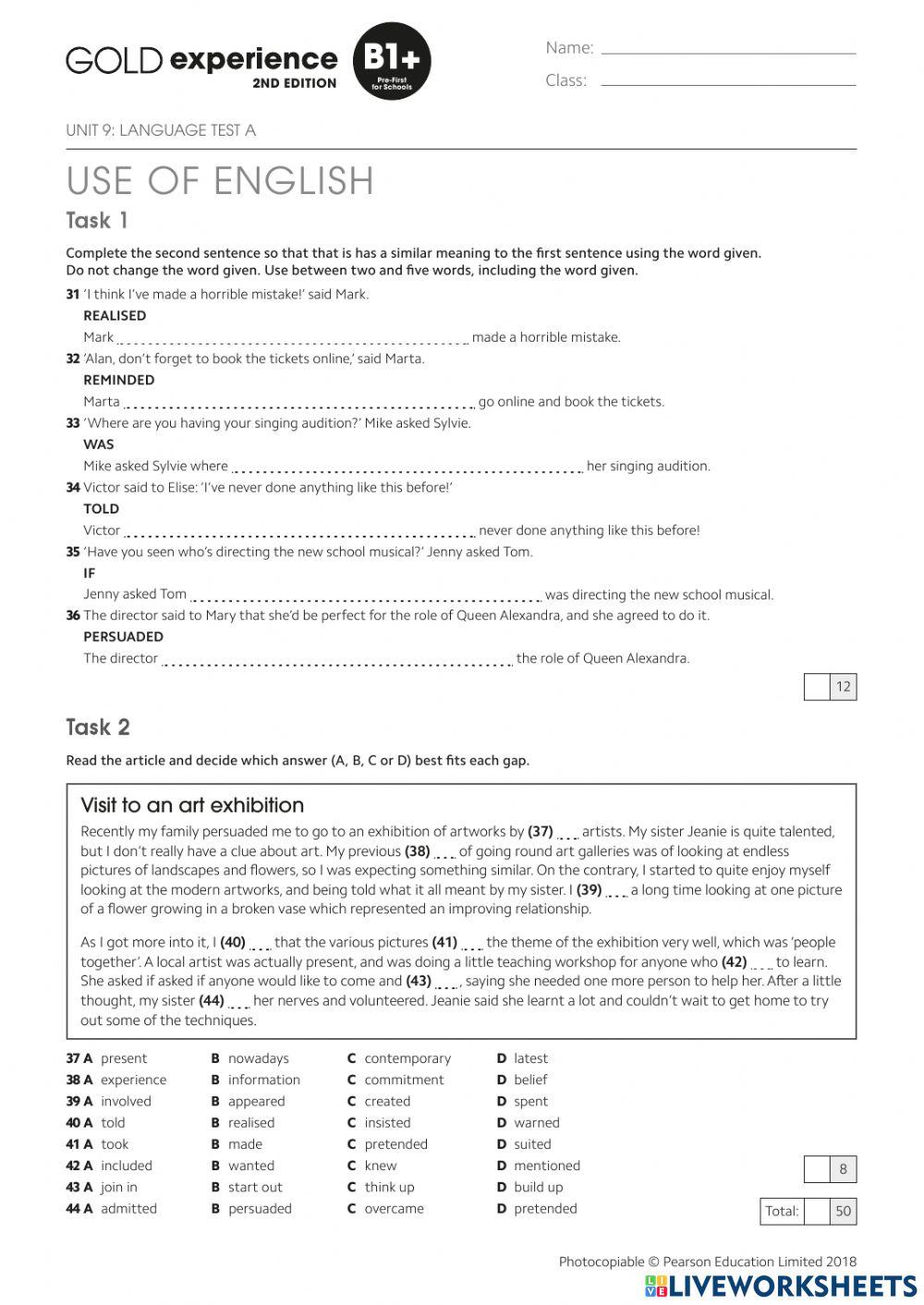 Gold Experience… | Free Interactive Worksheets | 7072964