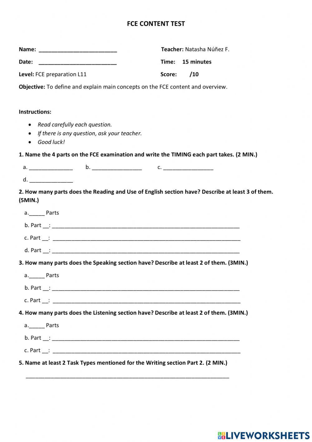 First certificate in english content test worksheet | Live Worksheets