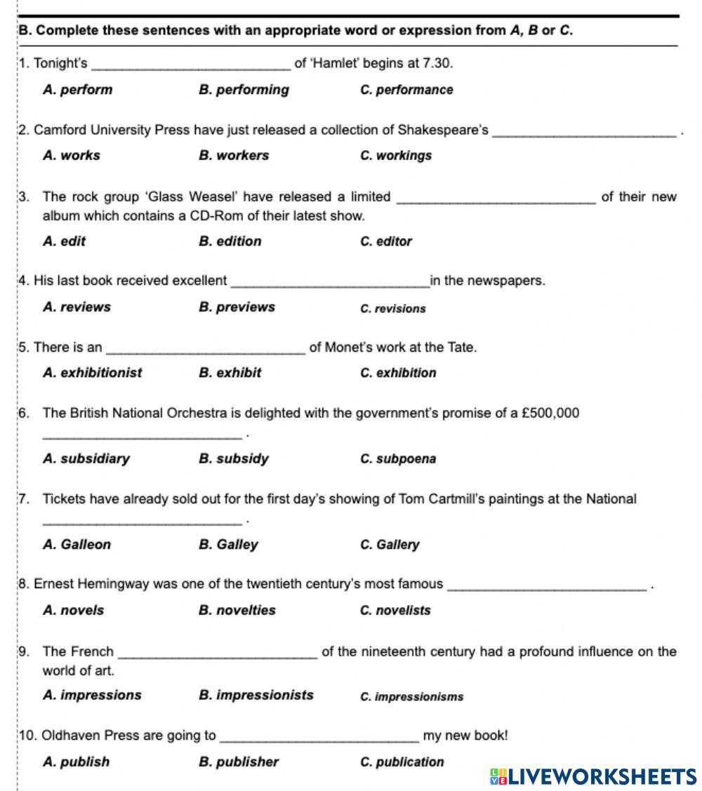 The arts 2 online exercise for | Live Worksheets