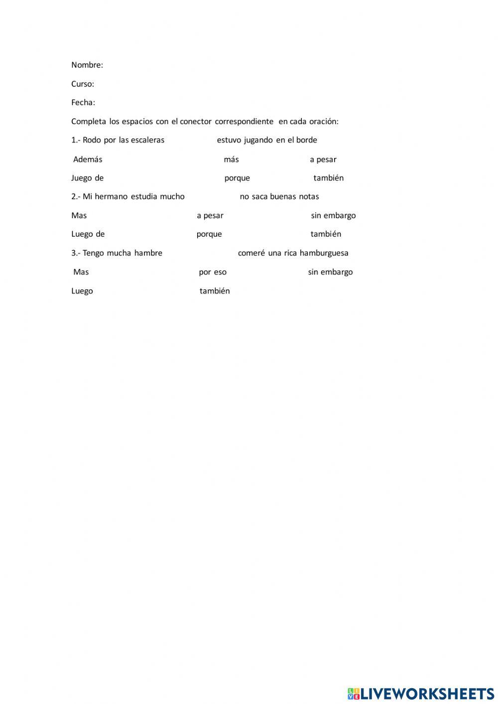Conectores Interactive Worksheet For Quinto Egb Live Worksheets