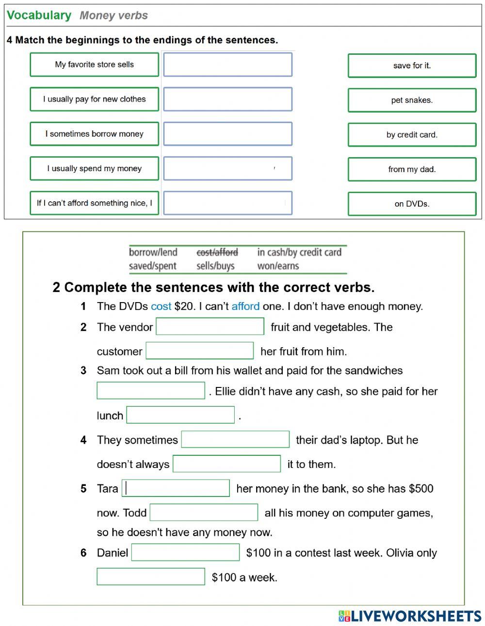 A5 Money Verb online exercise for | Live Worksheets