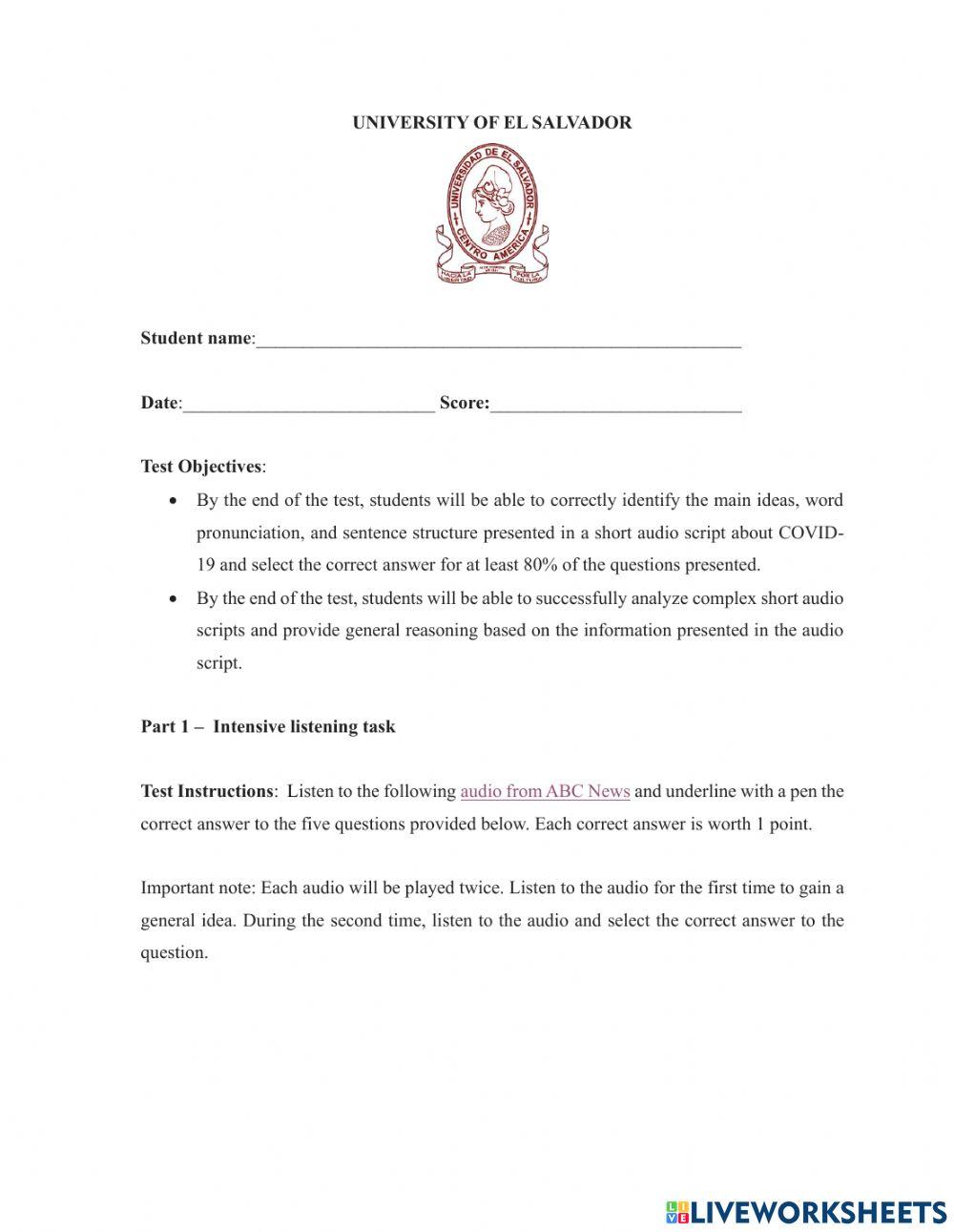 Listening test online exercise for University level students | Live ...