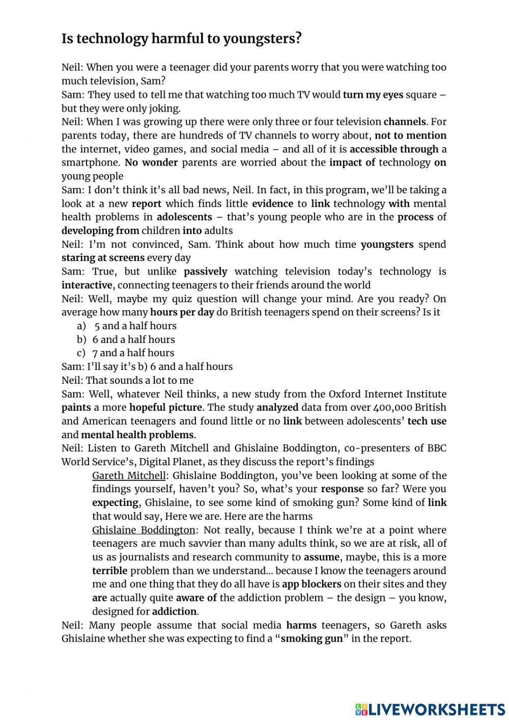 Is technology h… | Free Interactive Worksheets | 7071199