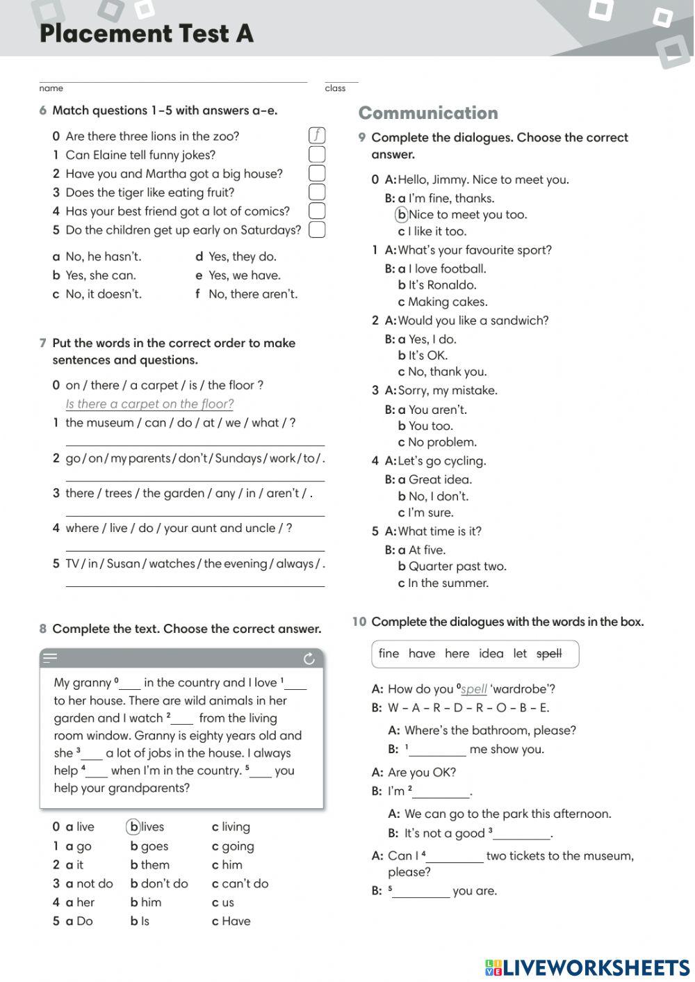 Placement Test A online exercise for | Live Worksheets