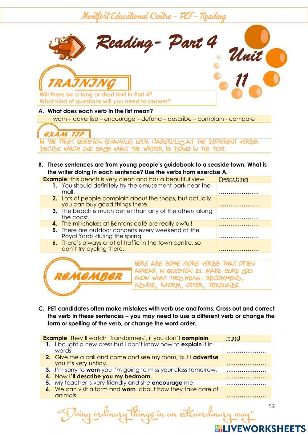 B1 reading unit 11 worksheet | Live Worksheets