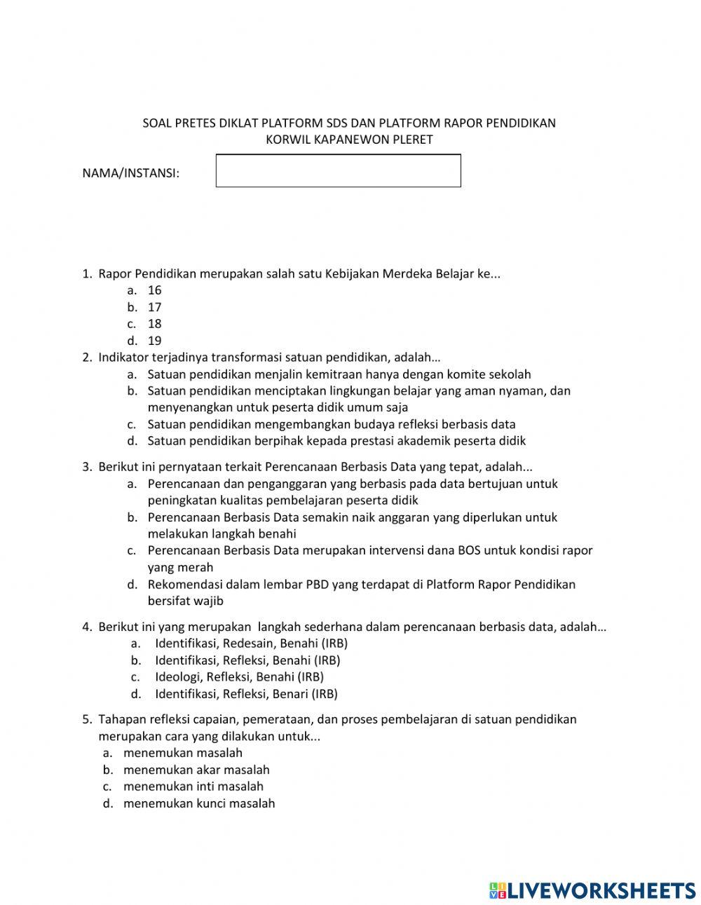 Soal pretes platform sds worksheet | Live Worksheets