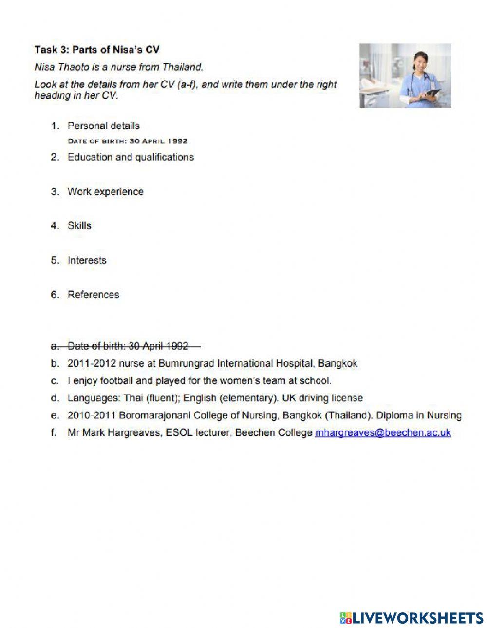 Cv online pdf worksheet | Live Worksheets