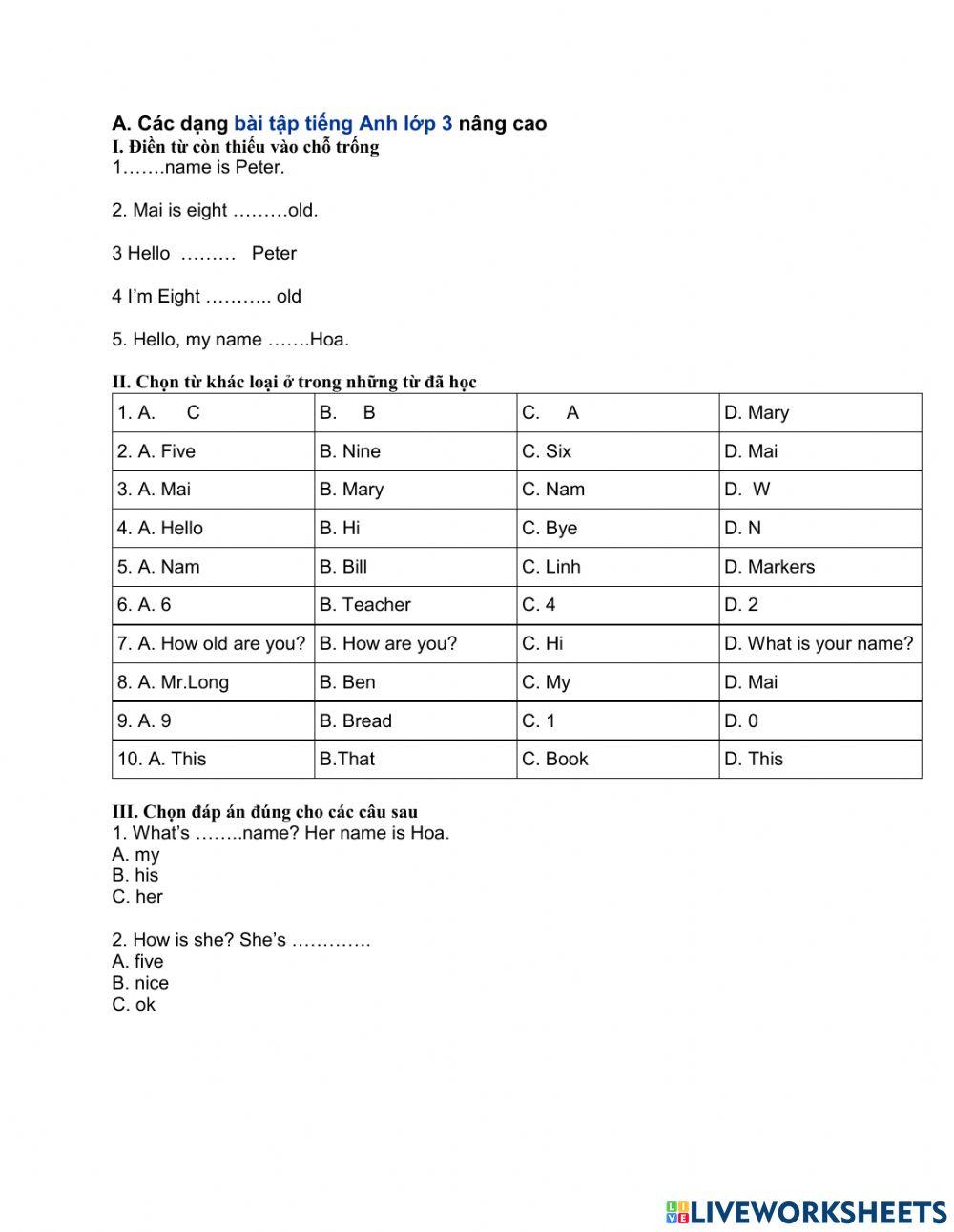 Bài tập nâng cao lớp 4 interactive worksheet | Live Worksheets