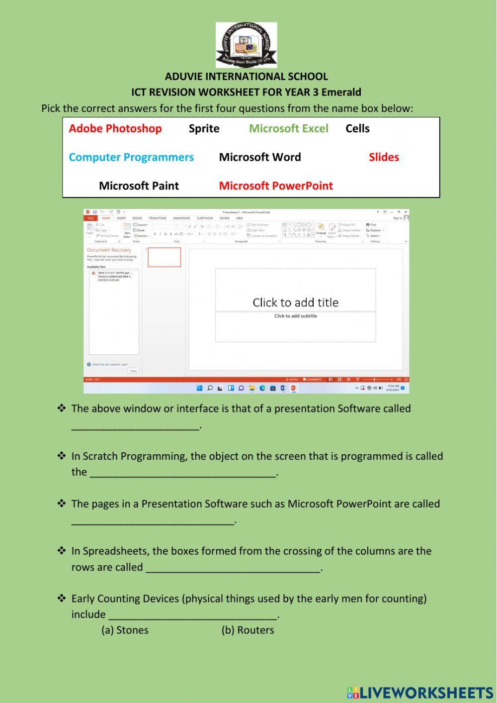 ICT REVISION WORKSHEET FOR YEAR 3 7073584 | Ejura