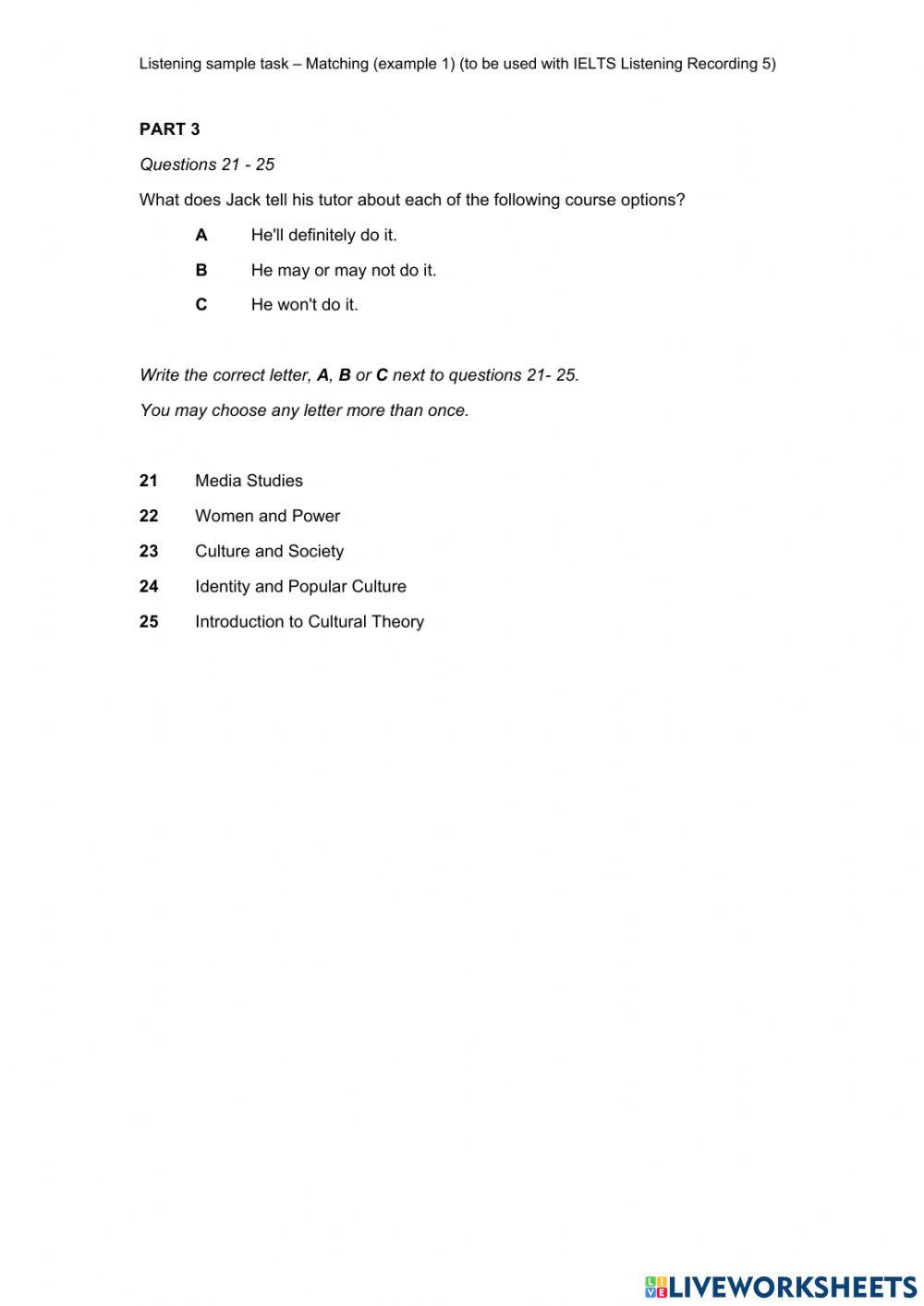 IELTS LISTENING: TASK MATCHING online exercise for | Live Worksheets