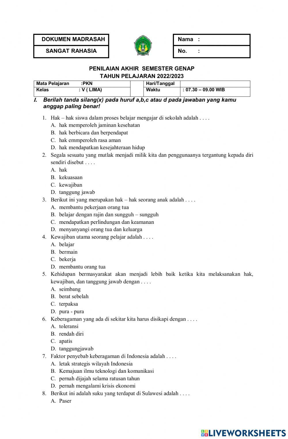 Pkn online exercise for 6 | Live Worksheets