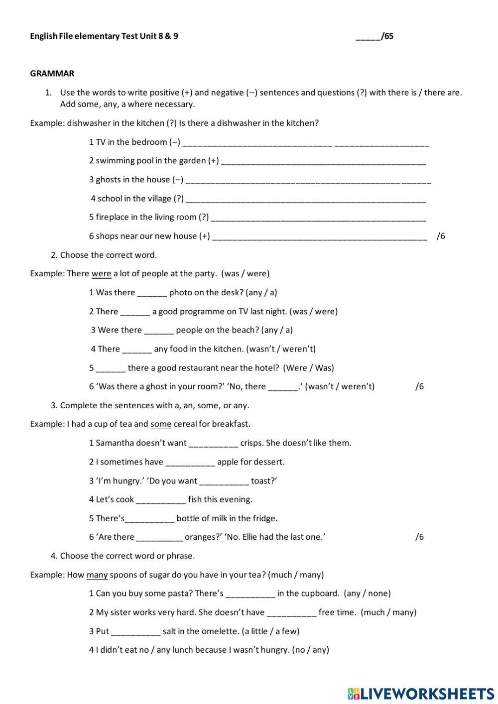 English File elementary Test Unit 8 - 9 online exercise for | Live ...