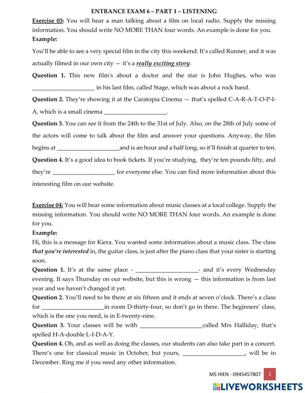 EE6-Part1-Listening-Ex03-04-S worksheet | Live Worksheets