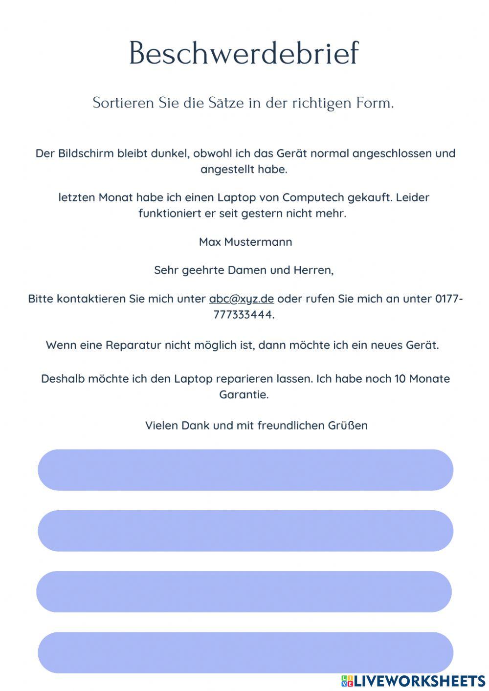 Beschwerdebrief B1 online exercise for | Live Worksheets