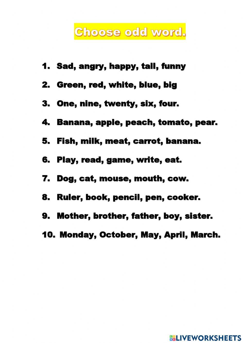 Odd word | Free Interactive Worksheets | 7157470