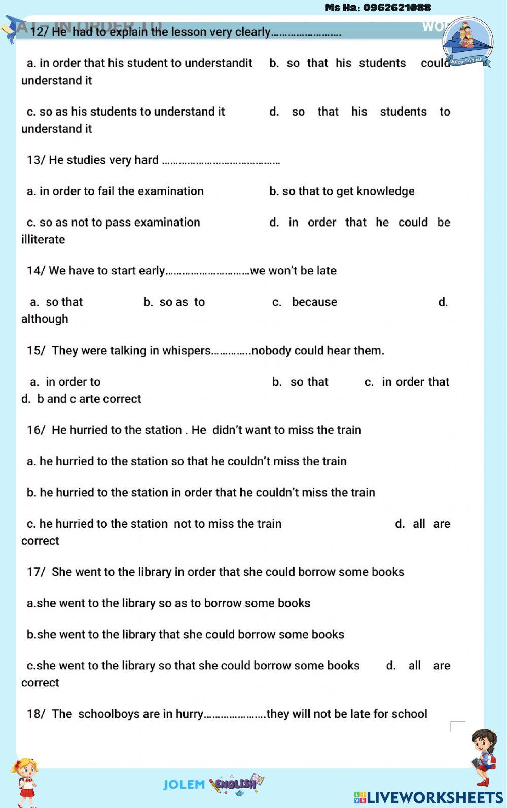 ADV clause so that - in order that online exercise for | Live Worksheets