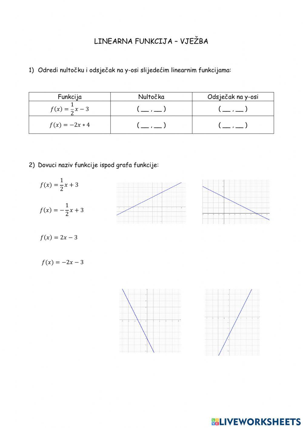 Linearna funkcija online worksheet | Live Worksheets