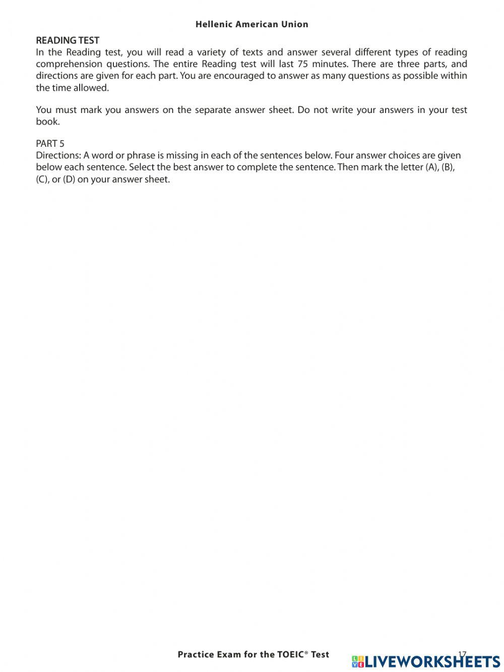 TOEIC Incomplete sentences - Text Completion (1) online exercise for ...