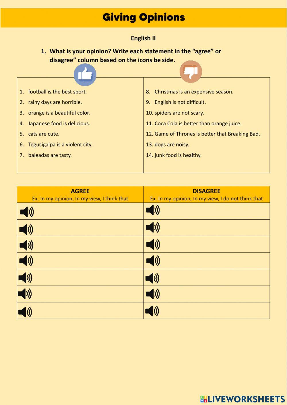 Giving Opinions Worksheet 1 online exercise for | Live Worksheets