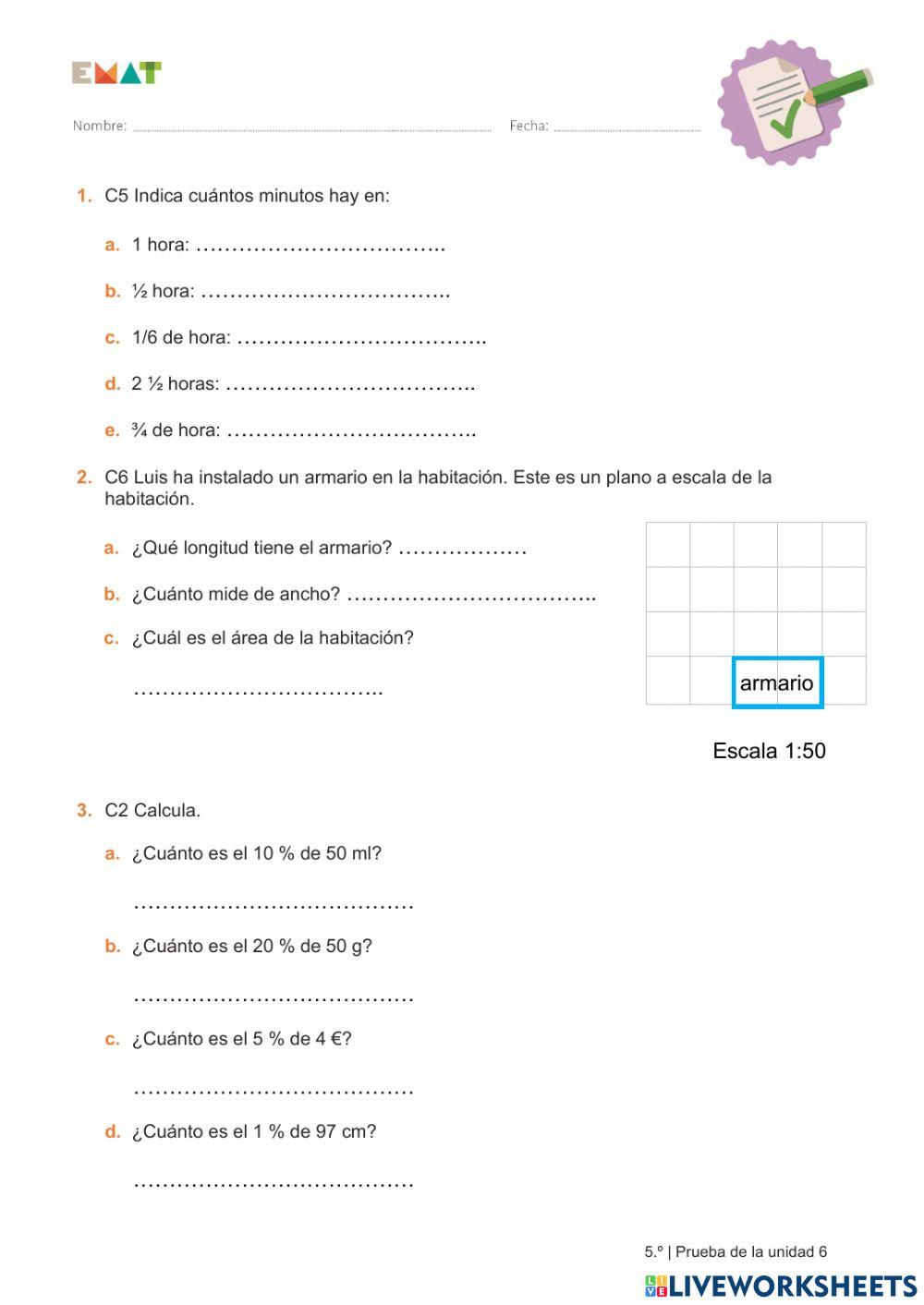 PRUEBA UD6 5ºEP EMAT online exercise for | Live Worksheets