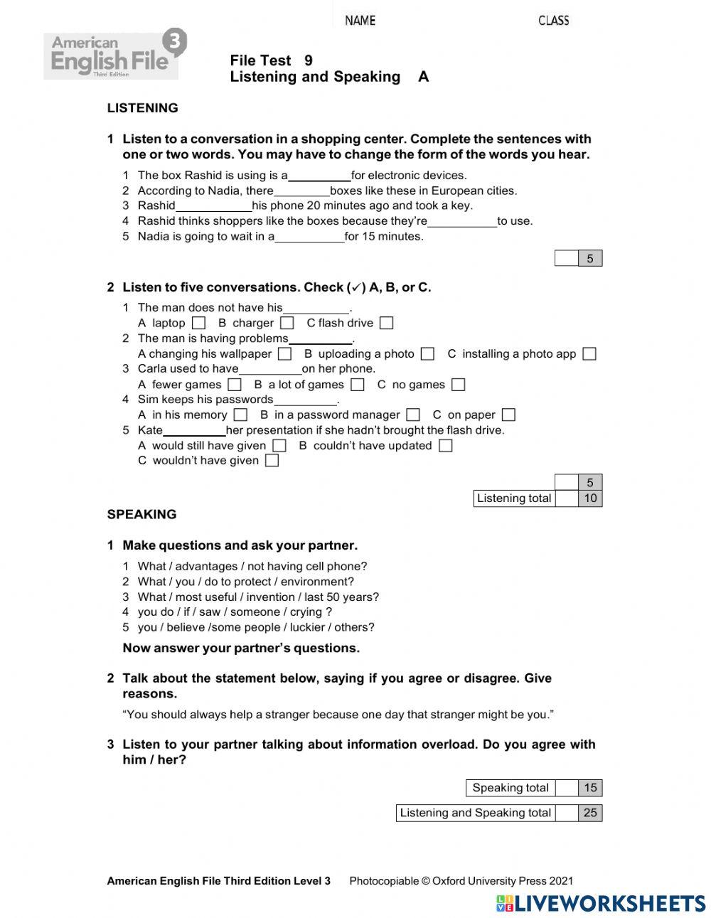American 3 Test 9 -A- Listening and Speaking 7055329 | Al