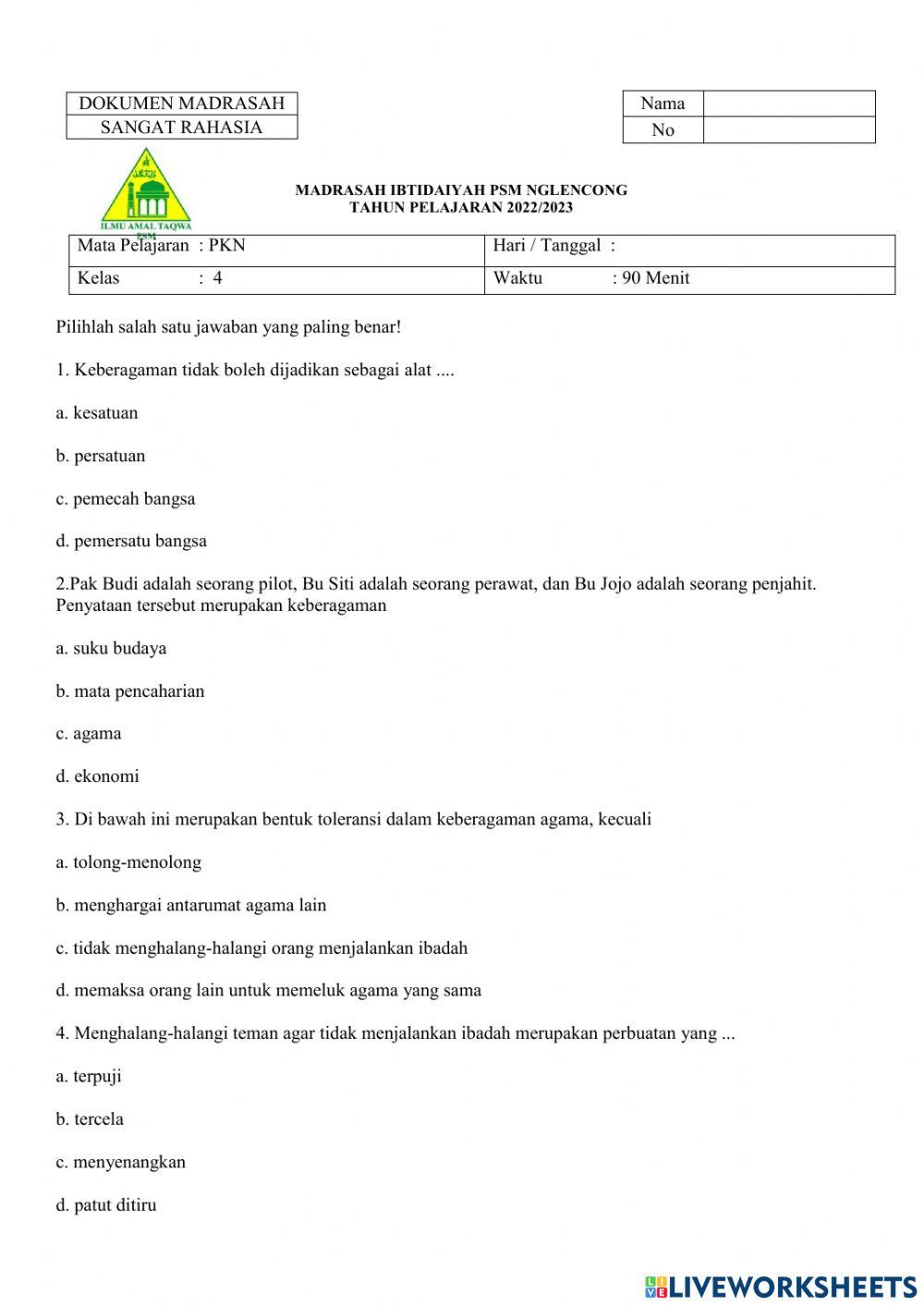 Pkn online exercise for 4 | Live Worksheets