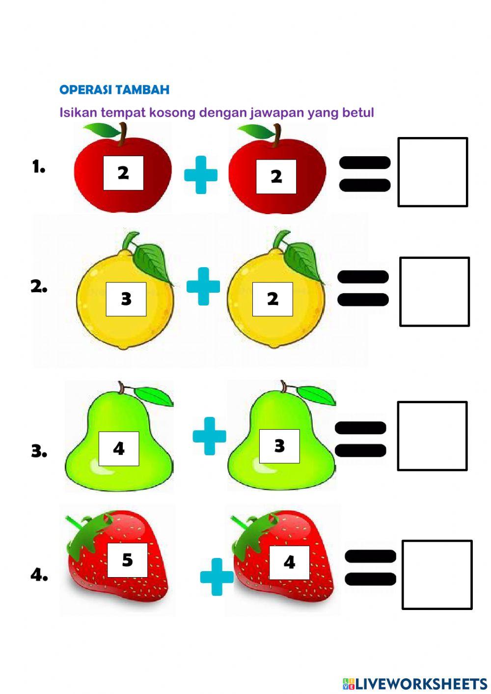 Operasi tambah prasekolah online activity | Live Worksheets