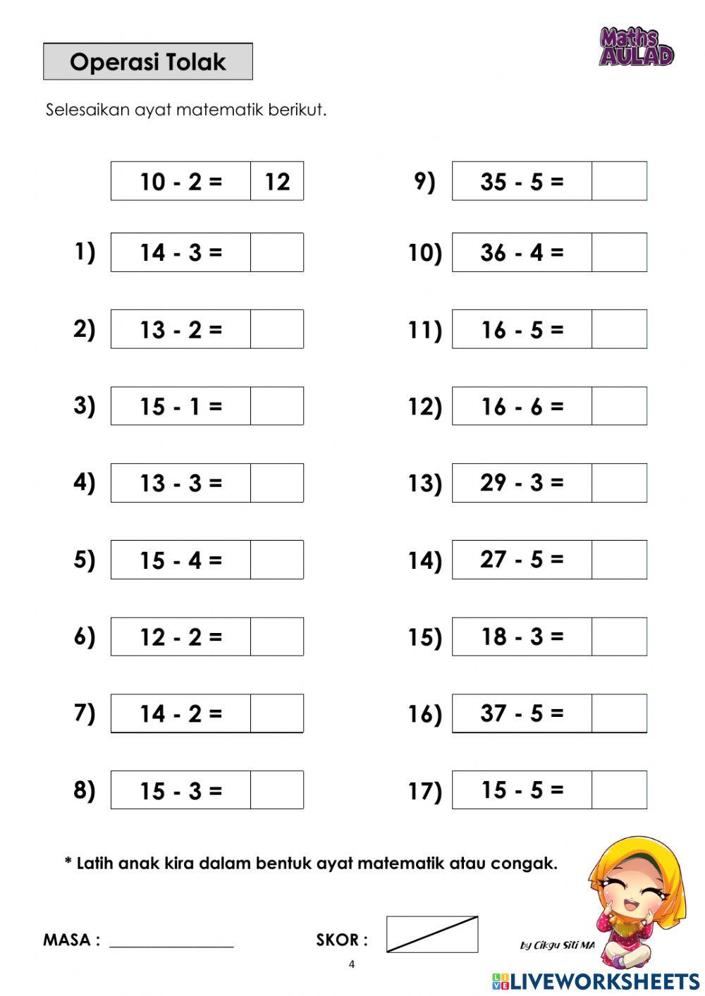 Matematik tambah tolak tahun 2 online exercise for | Live Worksheets