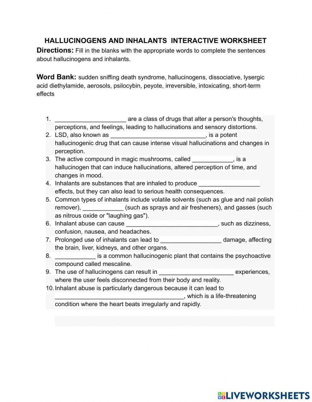 Hallucinogens and Inhalants worksheet | Live Worksheets