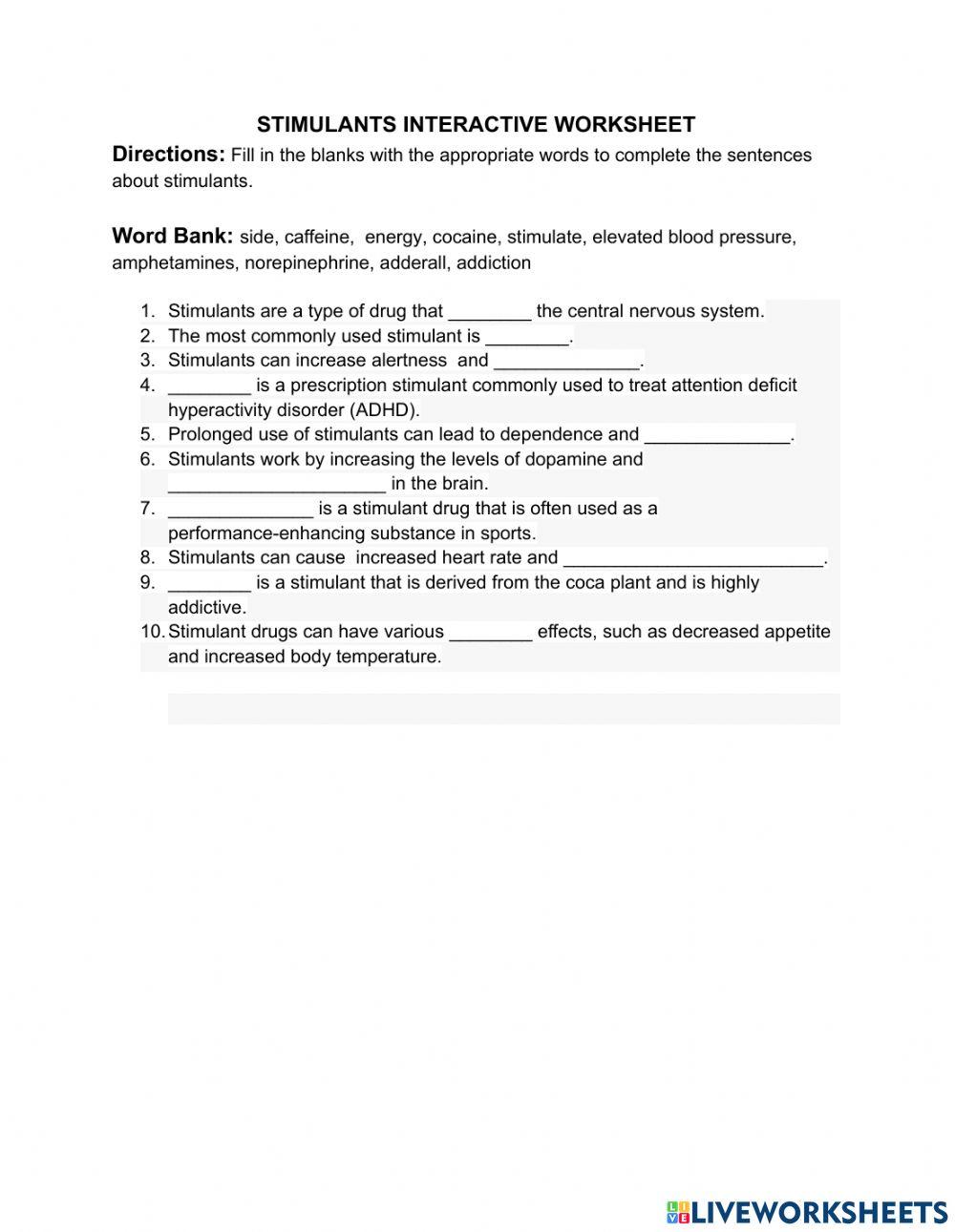 Stimulants | Free Interactive Worksheets | 7009294