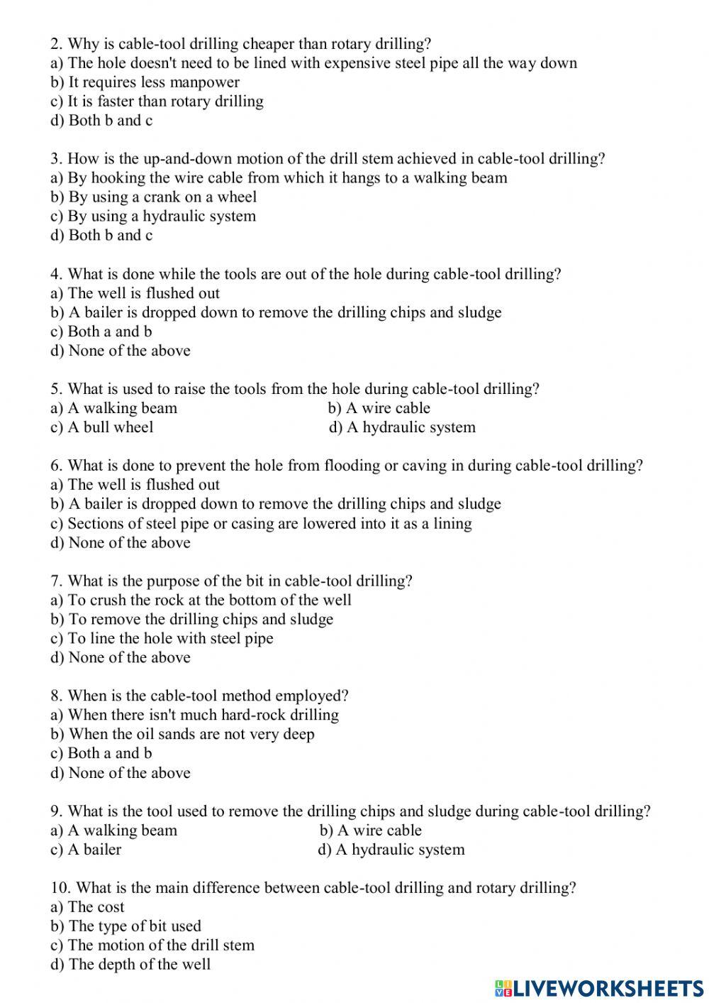 Cable tool drilling worksheet | Live Worksheets