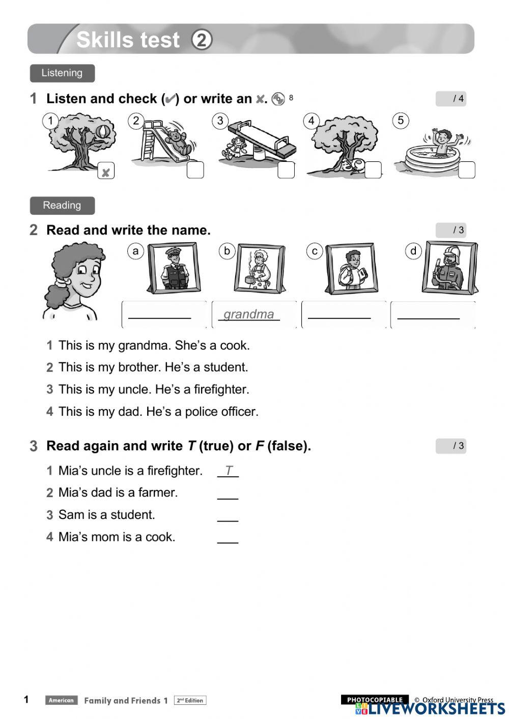 Family and Friends 1- Skills Test 1,2 online exercise for | Live Worksheets