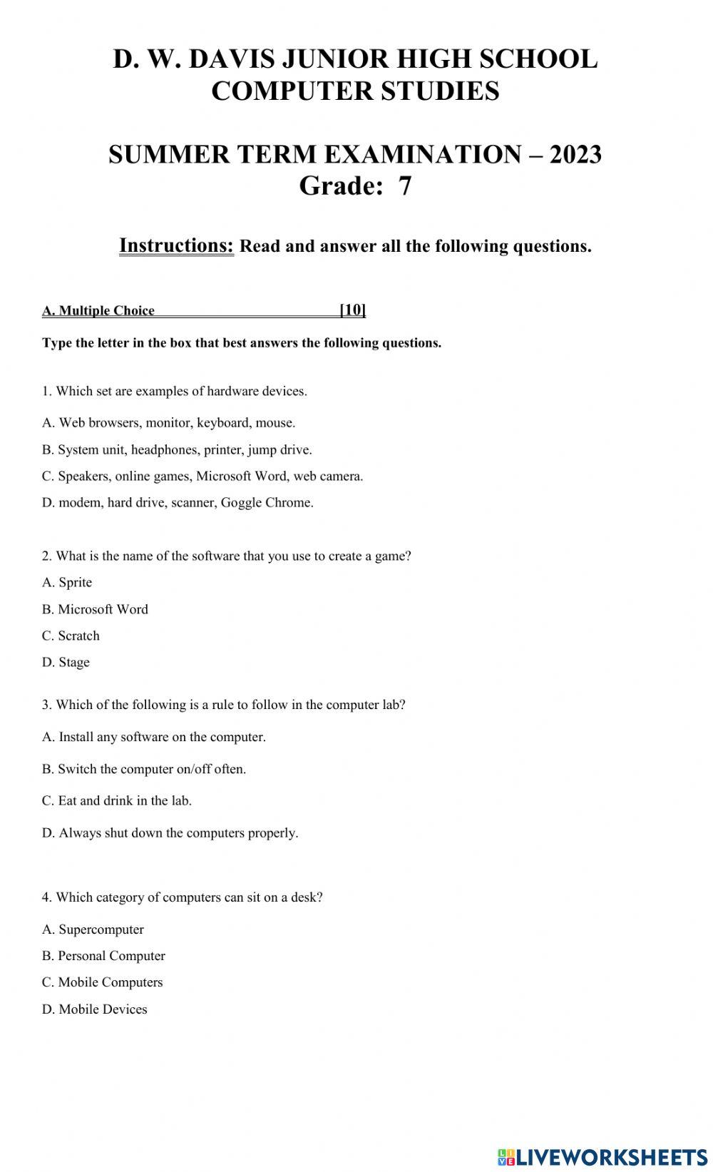 Grade 7 Summer Exam 2023 online exercise for | Live Worksheets