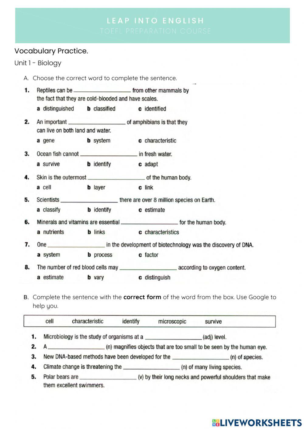 Biology interactive activity for TOEFL | Live Worksheets