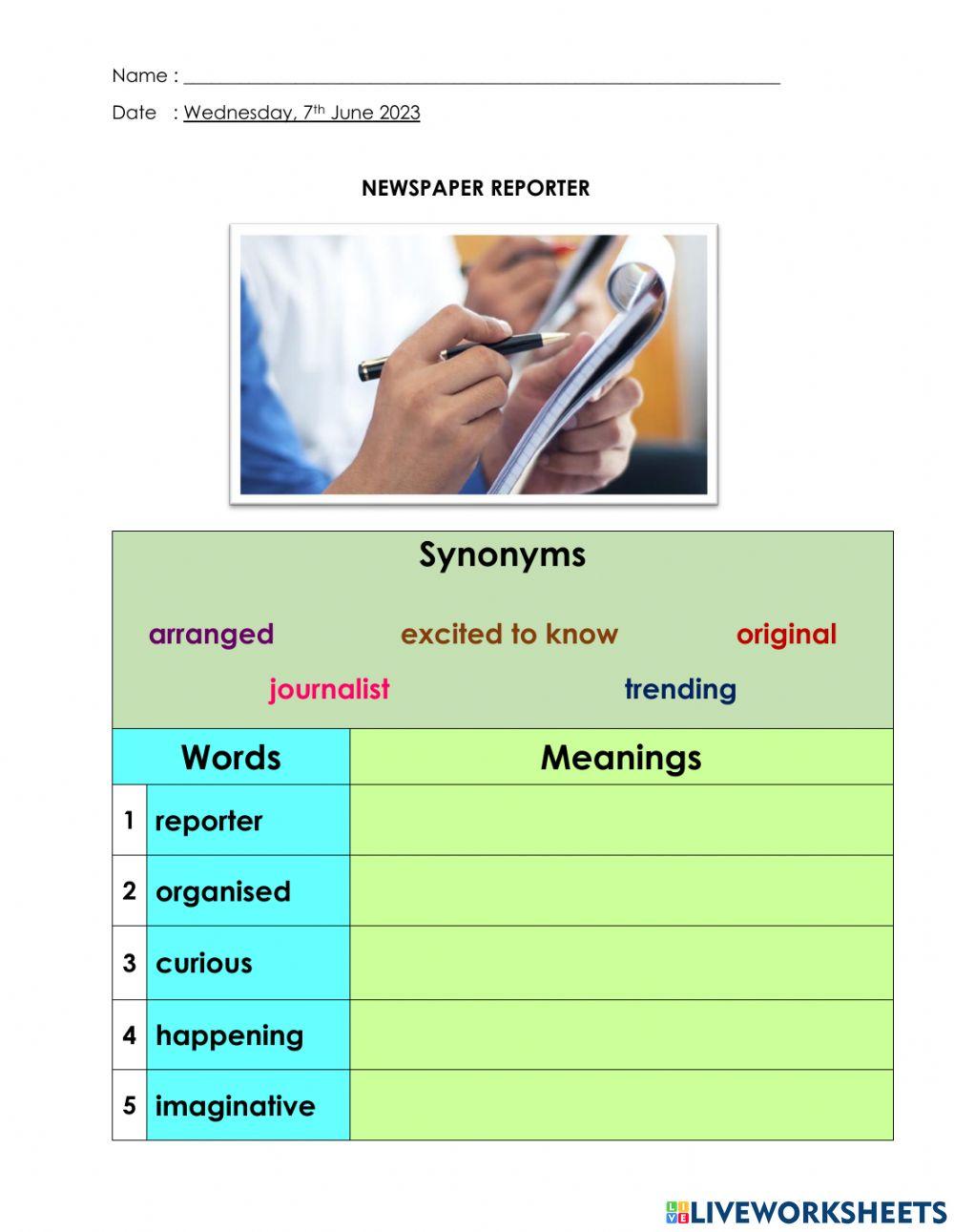 Newspapers Reporters worksheet | Live Worksheets