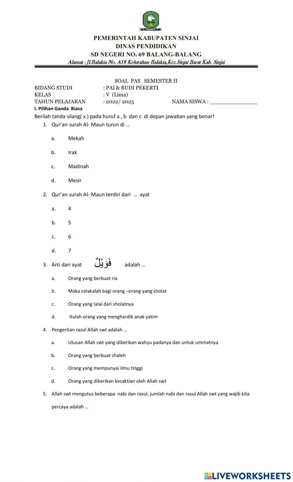 Pendidikan agama islam online activity for 5 | Live Worksheets