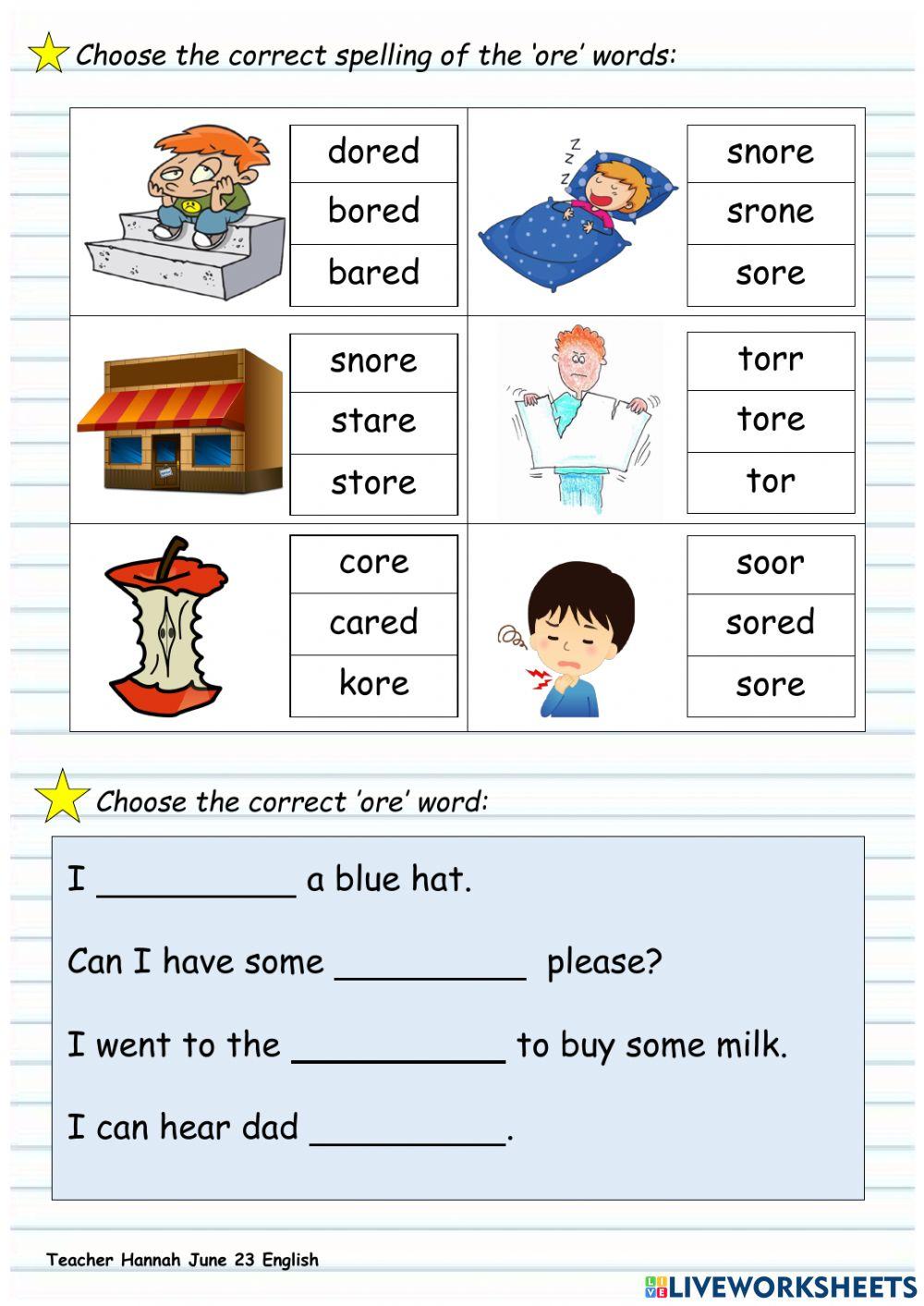 Phonics- or, oor and ore. online exercise for | Live Worksheets