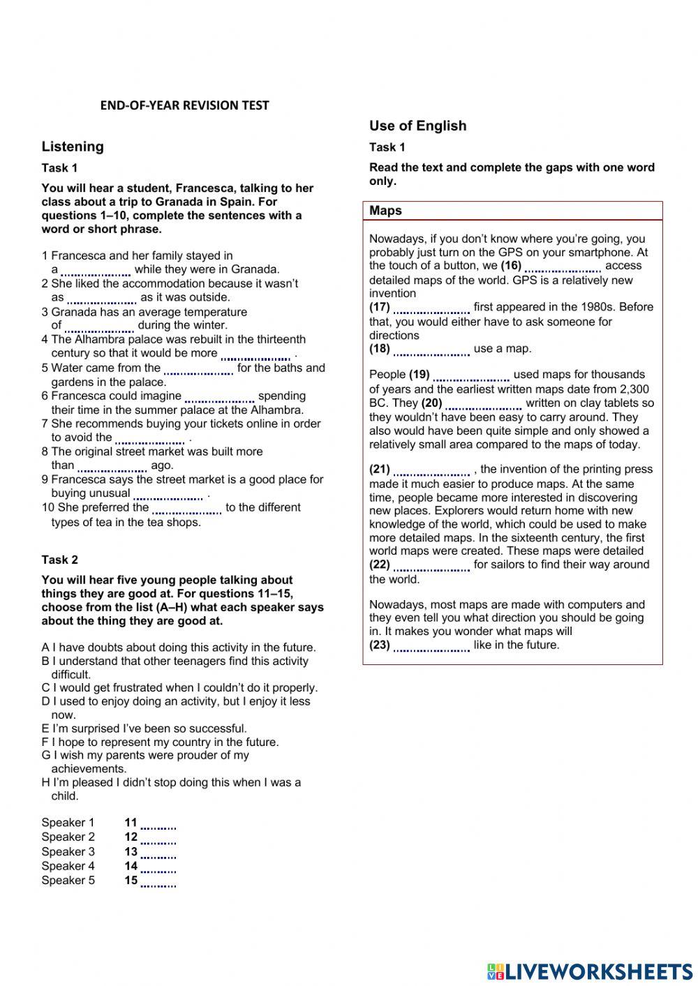 Ena of year tes… | Free Interactive Worksheets | 7016259