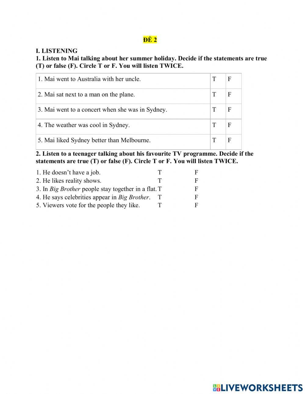 day 2 online exercise for | Live Worksheets
