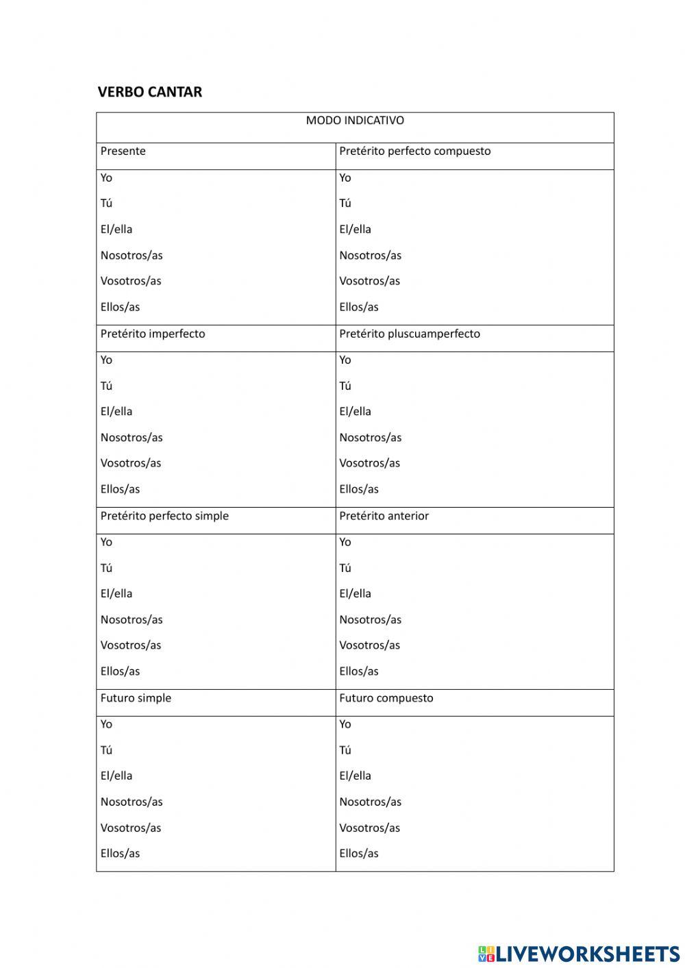 Verbo cantar | Free Interactive Worksheets | 7017643