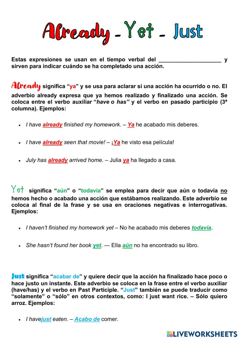 Already Yet Just | Free Interactive Worksheets | 7010266