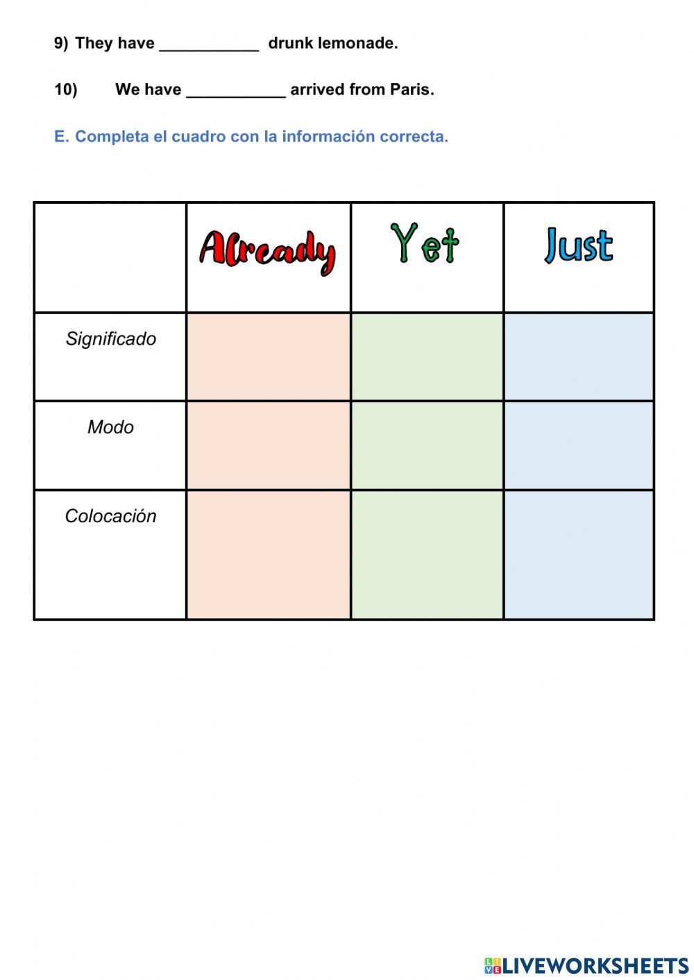 Already Yet Just | Free Interactive Worksheets | 7010266