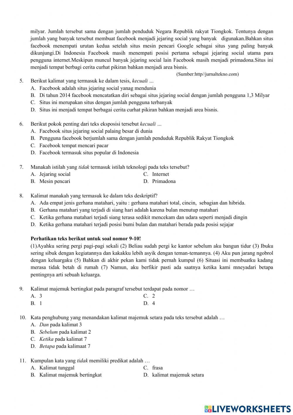 Bahasa Indonesia online exercise for 7 | Live Worksheets
