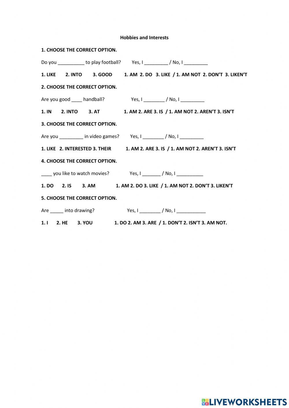 Hobbies and interests questions and answers worksheet | Live Worksheets