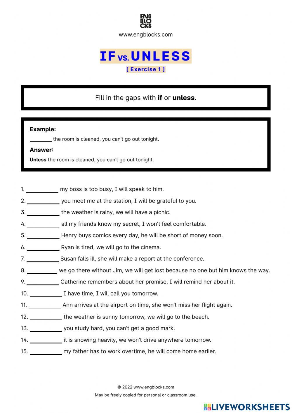 If vs. Unless | Free Interactive Worksheets | 7020422