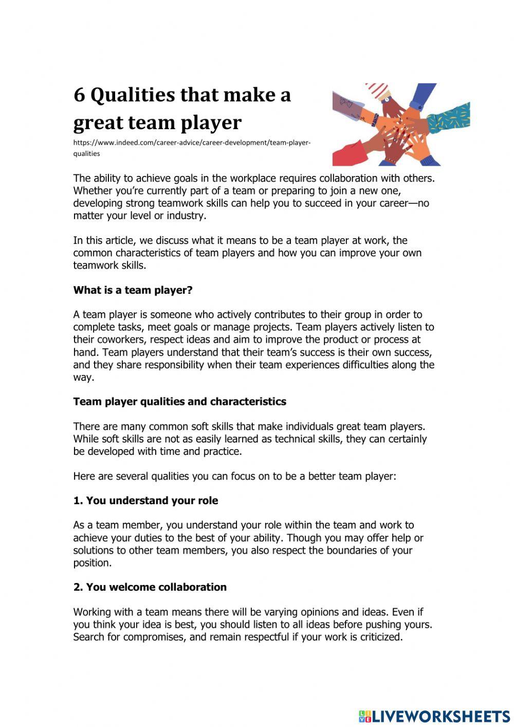 Six qualities that make a great team player online exercise for | Live ...