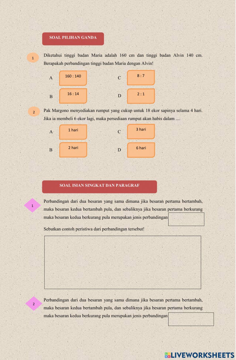 Soal Latihan Perbandingan worksheet | Live Worksheets