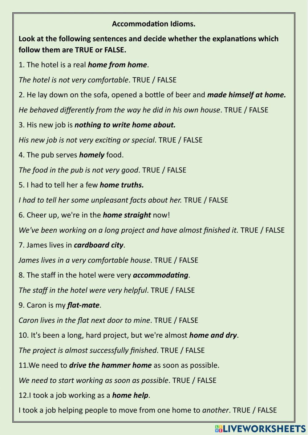 Home idioms B2 7089118 | Samira231081 | Live Worksheets