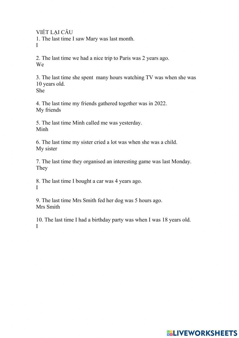 The last time online exercise for | Live Worksheets