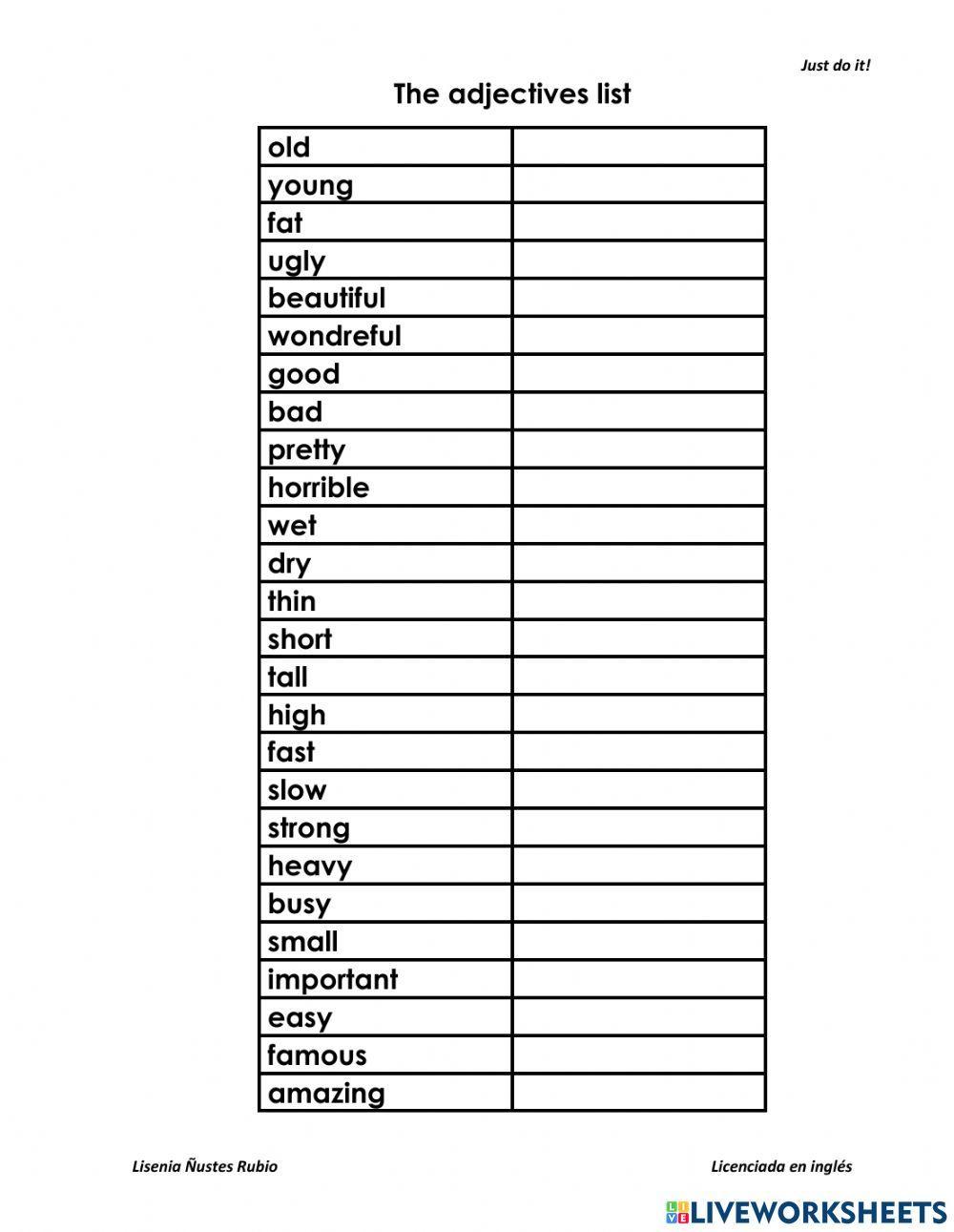 Adjetives list worksheet | Live Worksheets